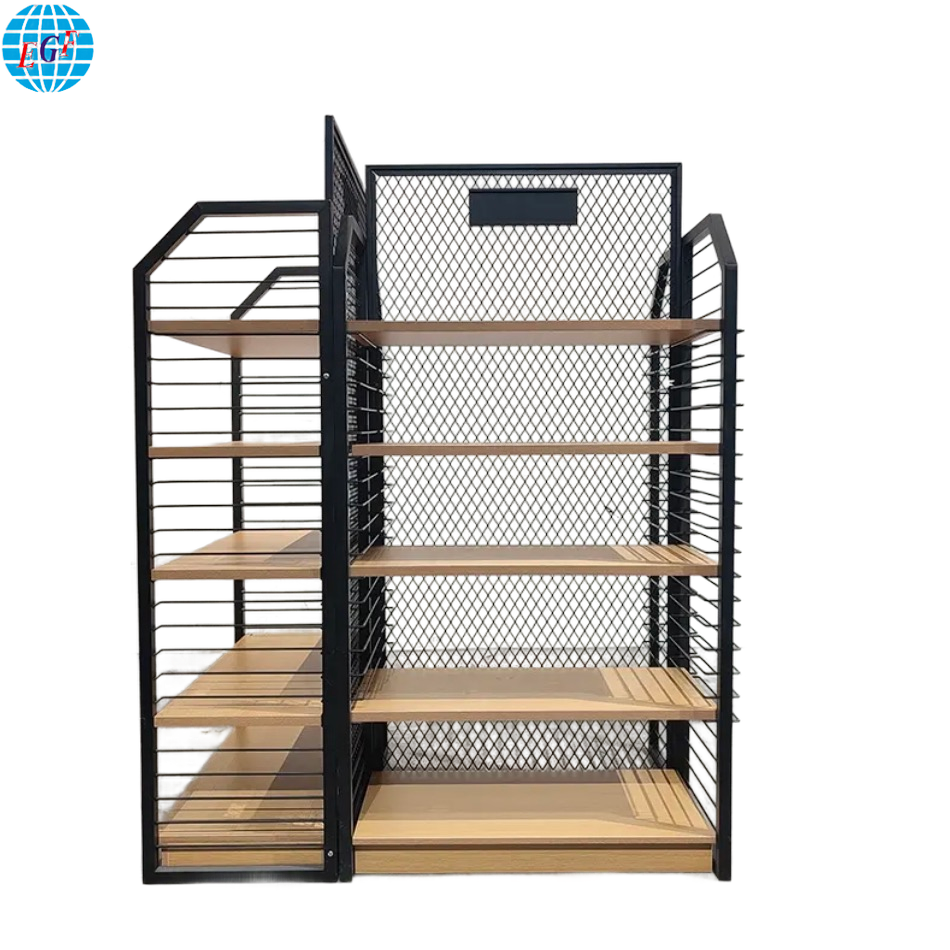 Custom Custom Single-Sided Grid Back Five-Tier Metal Frame Wooden Shelf ...